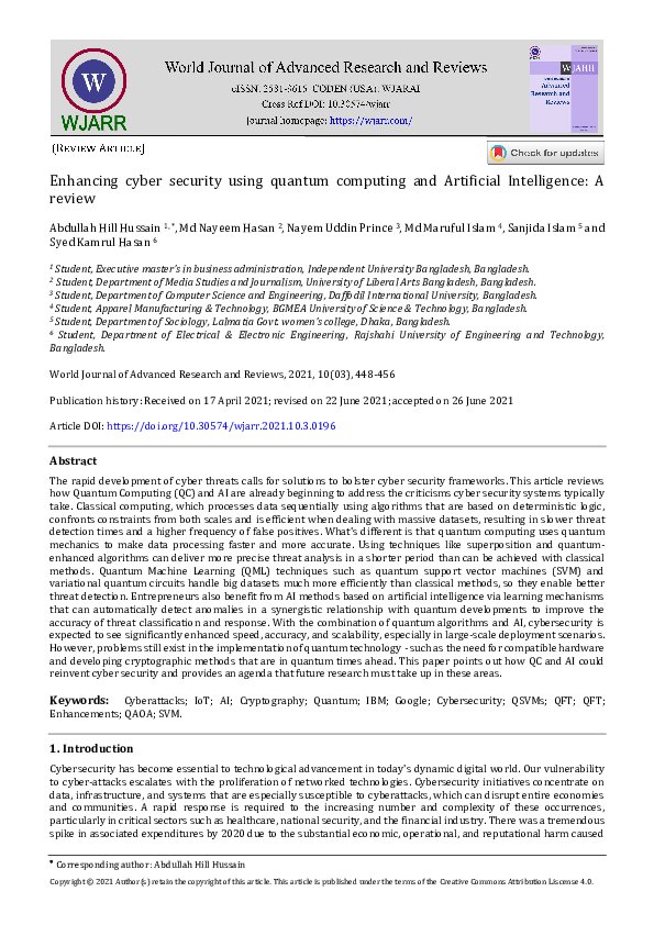 (PDF) Enhancing cyber security using quantum computing and Artificial Intelligence: A review