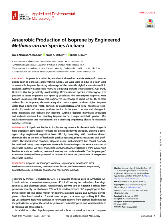 (PDF) Anaerobic Production of Isoprene by Engineered Methanosarcina ...