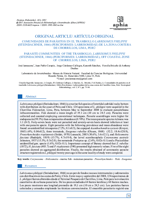 (PDF) Original Article/ Artículo Original Comunidades De Parásitos en ...