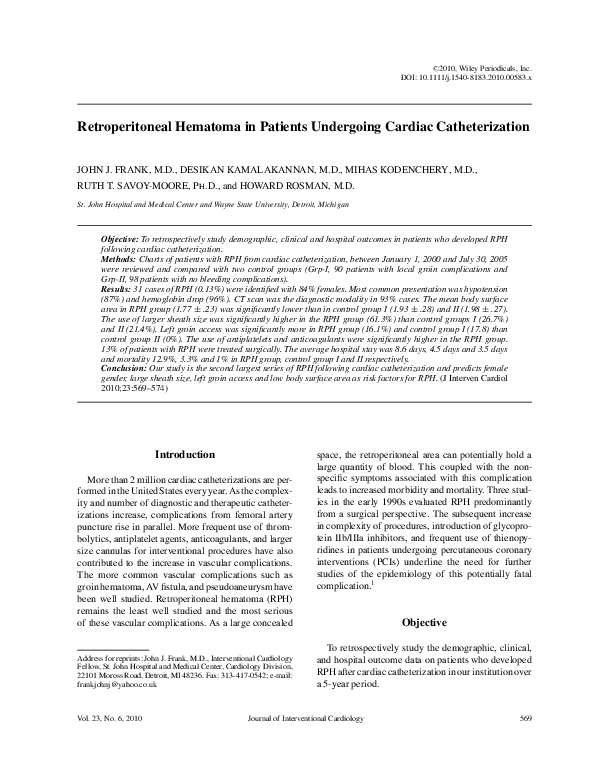 (PDF) Retroperitoneal Hematoma in Patients Undergoing Cardiac ...