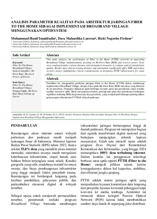 (PDF) ANALISIS PARAMETER KUALITAS PADA ARSITEKTUR JARINGAN FIBER TO THE ...