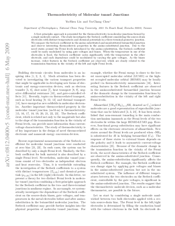 (PDF) Seebeck coefficient of thermoelectric molecular junctions: First ...