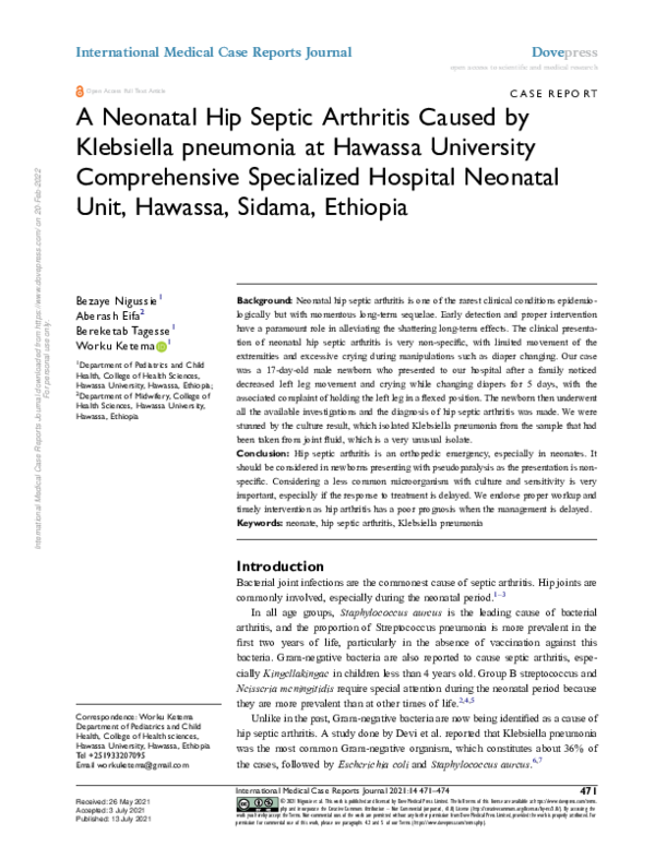 (PDF) A Neonatal Hip Septic Arthritis Caused by Klebsiella pneumonia at ...