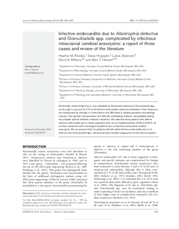 (PDF) Infective Endocarditis due to Abiotrophia defectiva and ...