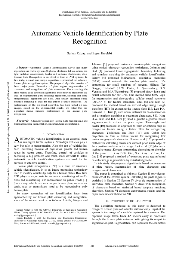 (PDF) Automatic Vehicle Identification by Plate Recognition
