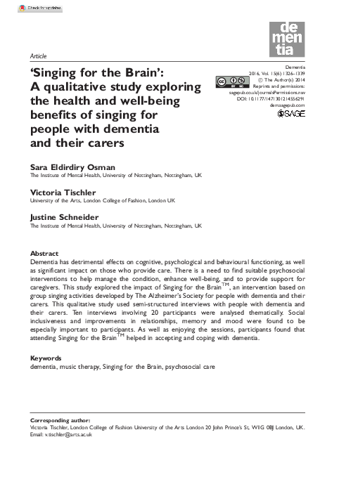(PDF) Singing for the Brain': A qualitative study exploring the health ...