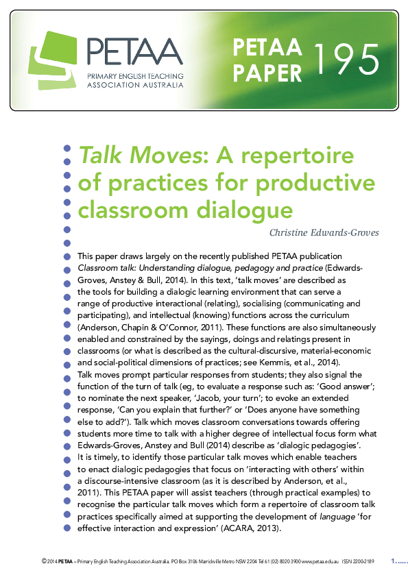 (PDF) Talk moves: A repertoire of practices for productive classroom ...