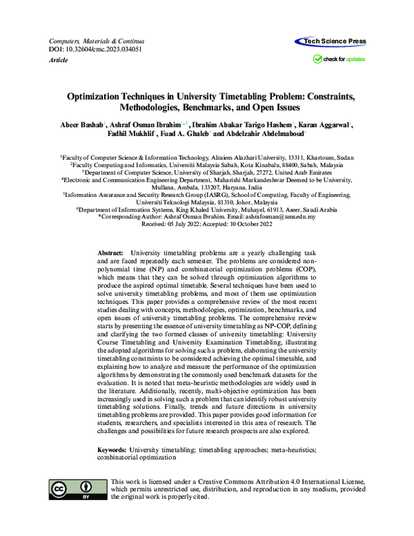(PDF) Optimization Techniques in University Timetabling Problem: Constraints, Methodologies ...