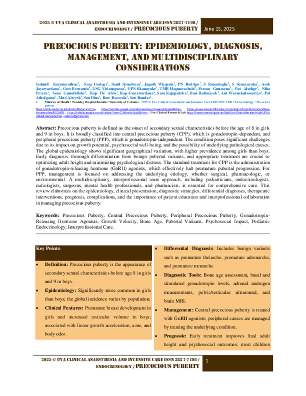 (PDF) Precocious Puberty Epidemiology, Diagnosis, Management, and ...