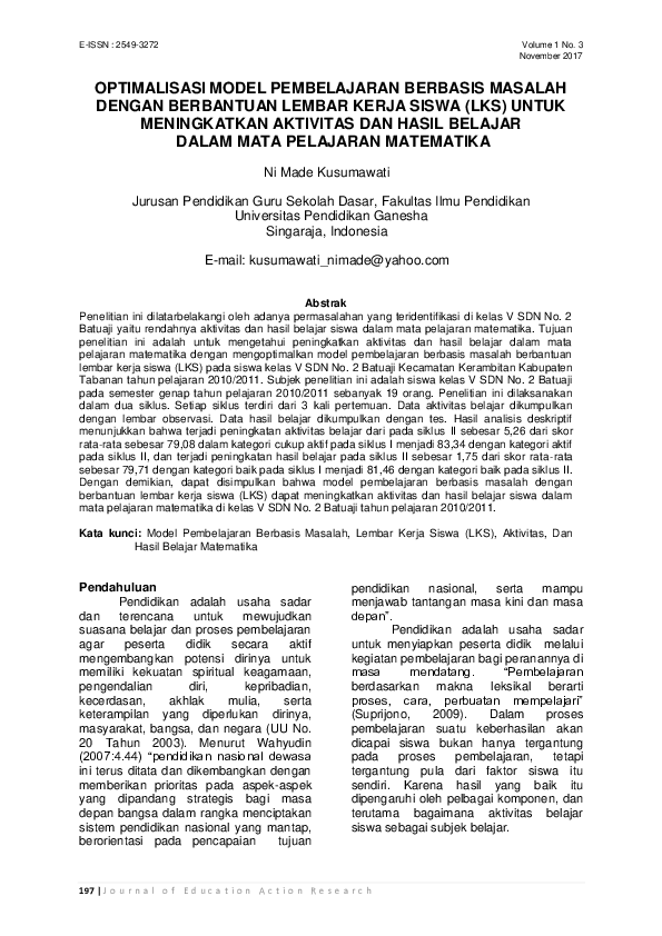 (PDF) Optimalisasi Model Pembelajaran Berbasis Masalah Dengan Berbantuan Lembar Kerja Siswa (LKS ...