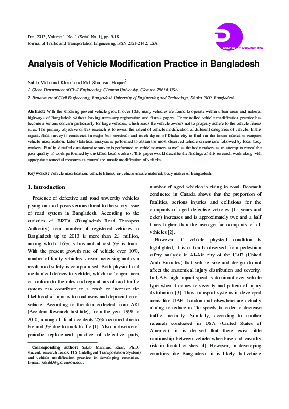 (PDF) Analysis of Vehicle Modification Practice in Bangladesh