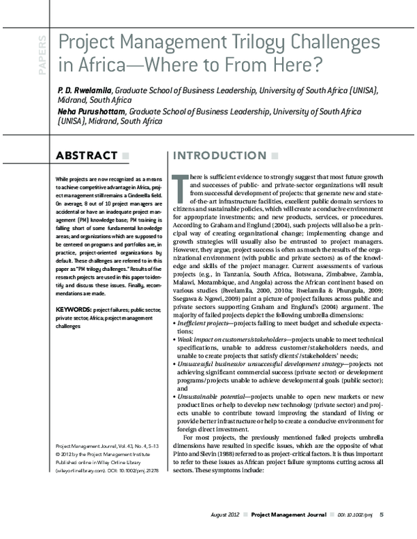 (PDF) Project Management Trilogy Challenges in Africa—Where to from Here?