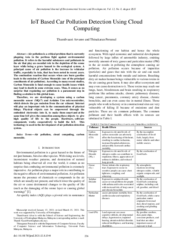 (PDF) IoT Based Car Pollution Detection Using Cloud Computing