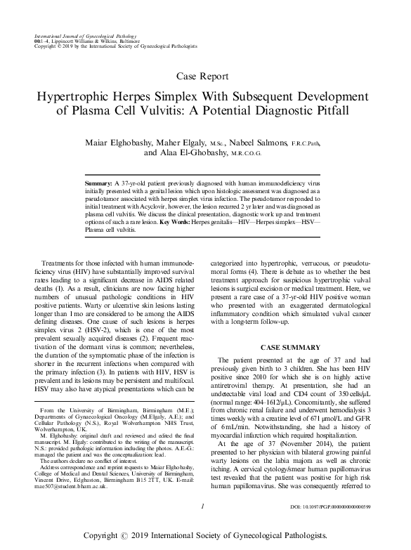 (PDF) Hypertrophic Herpes Simplex With Subsequent Development of Plasma ...
