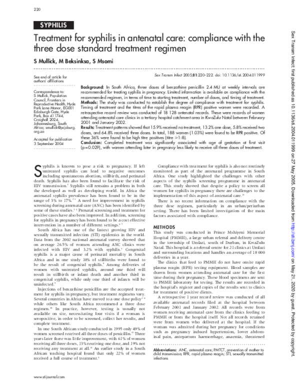 (PDF) Treatment for syphilis in antenatal care: compliance with the ...