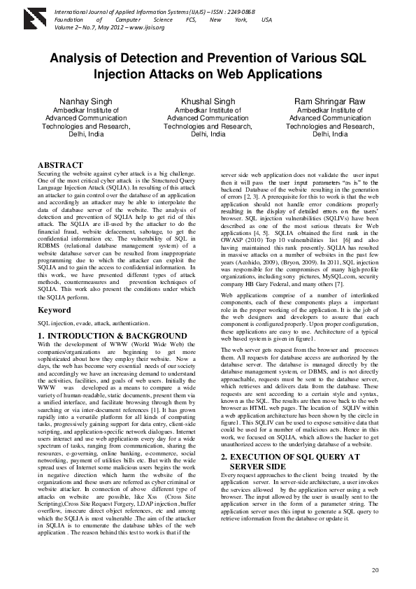 (PDF) Analysis of Detection and Prevention of Various SQL Injection ...