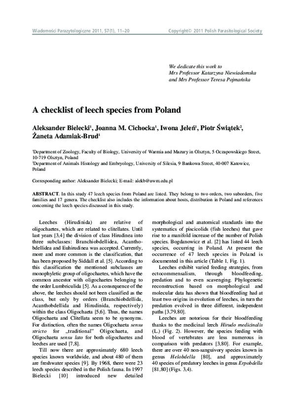 (PDF) A checklist of leech species from Poland
