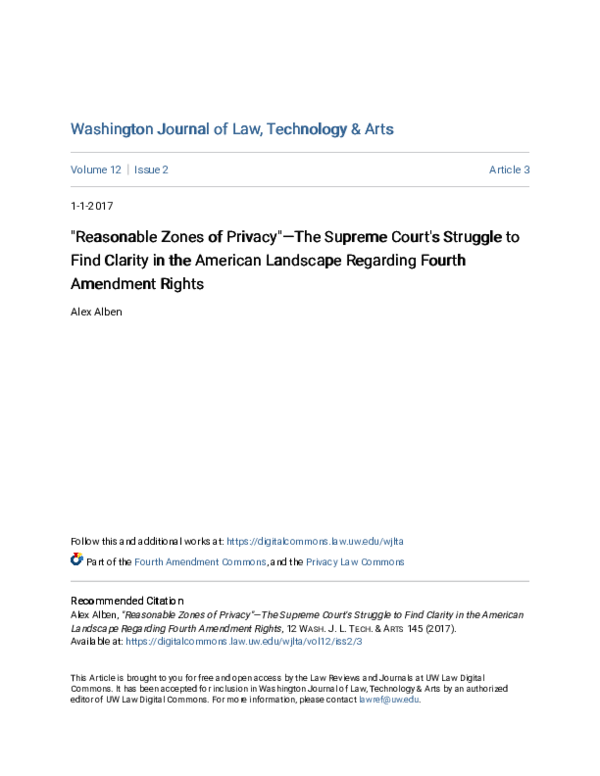 (PDF) Reasonable Zones of Privacy"- The Supreme Court's Struggle to ...