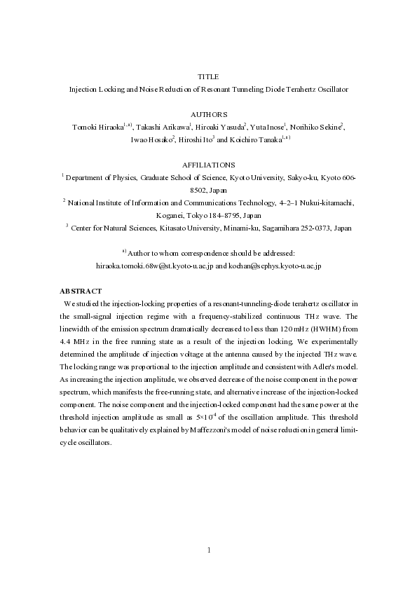(PDF) Injection locking and noise reduction of resonant tunneling diode ...
