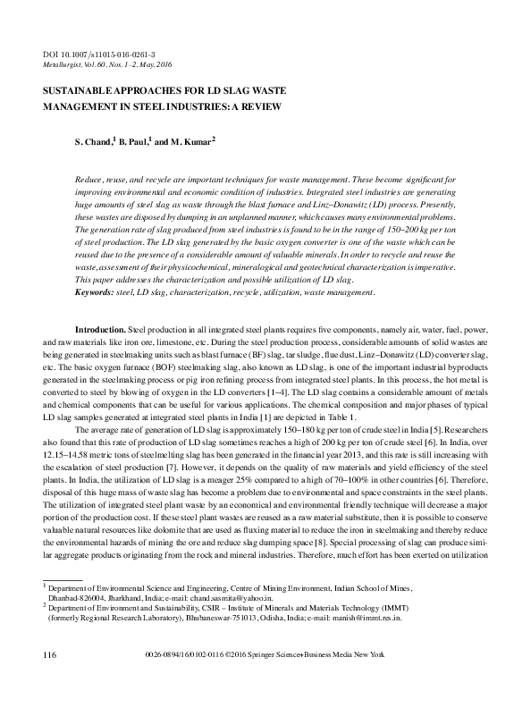 (PDF) Sustainable Approaches for LD Slag Waste Management in Steel ...