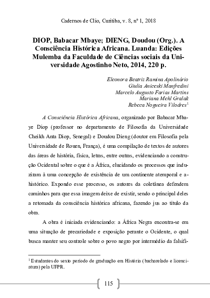(PDF) DIOP, Babacar Mbaye; DIENG, Doudou (Org.). A Consciência ...