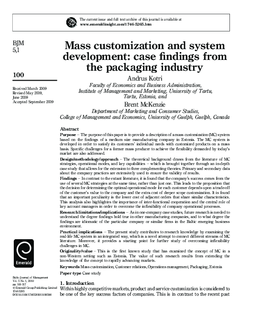 (PDF) Mass customization and system development: case findings from the packaging industry