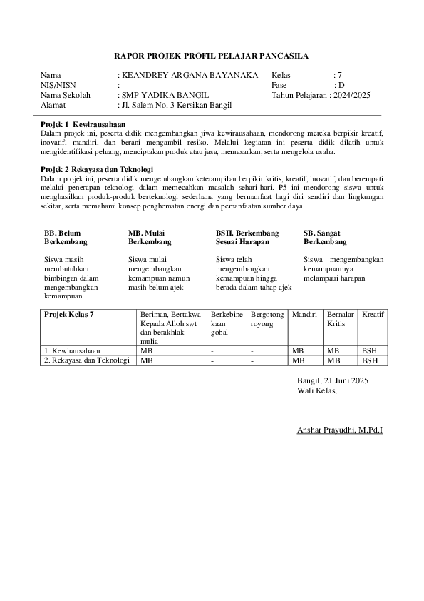 (PDF) Contoh Rapor P5 SMP Yadika Bangil 2024-2025