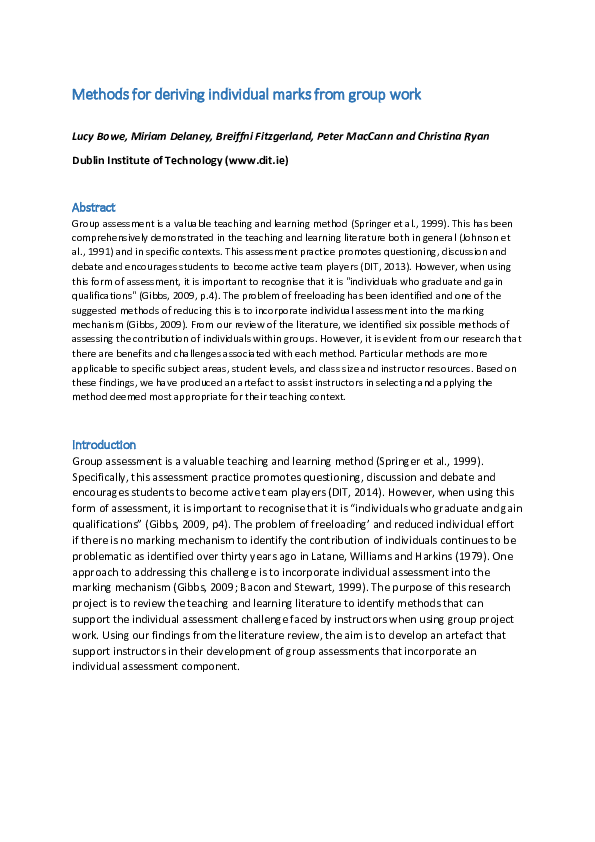 (PDF) Methods for Deriving Individual Marks From Group Work