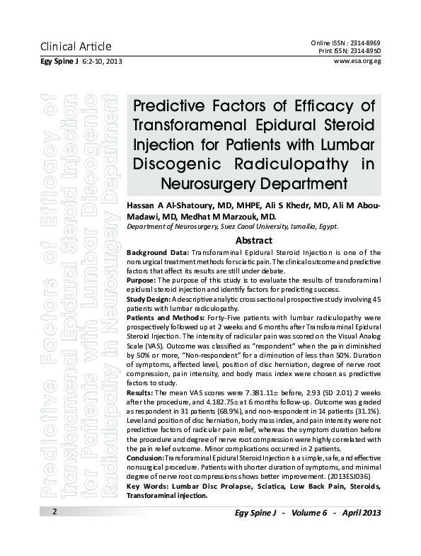 (PDF) Predictive Factors of Efficacy of Transforamenal Epidural Steroid ...