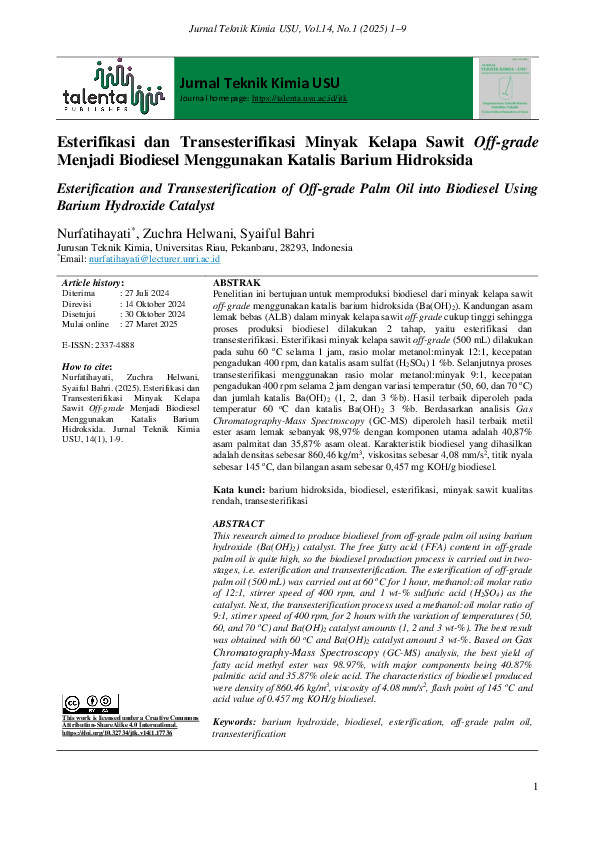 (PDF) Esterifikasi dan Transesterifikasi Minyak Kelapa Sawit Off-grade ...