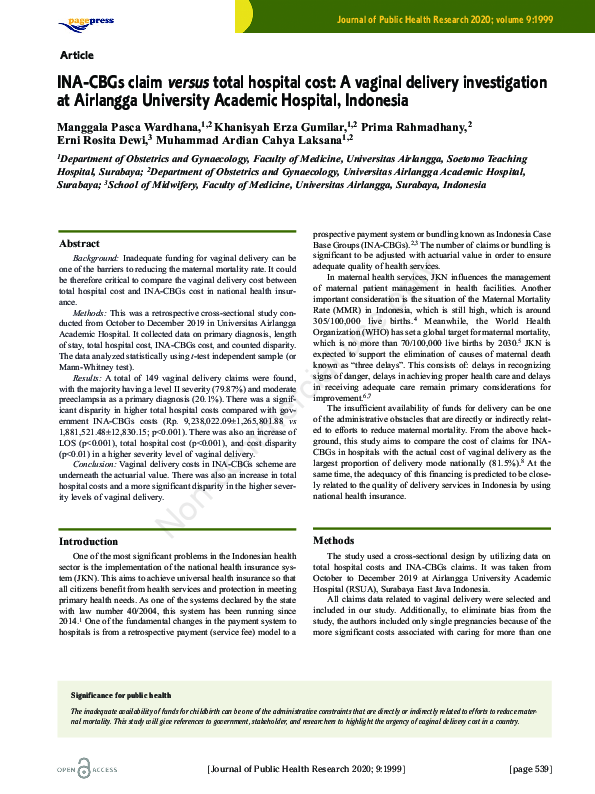 (PDF) INA-CBGs claim versus total hospital cost: A vaginal delivery ...