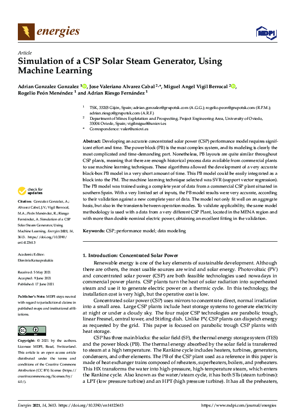 (PDF) Simulation of a CSP Solar Steam Generator, Using Machine Learning