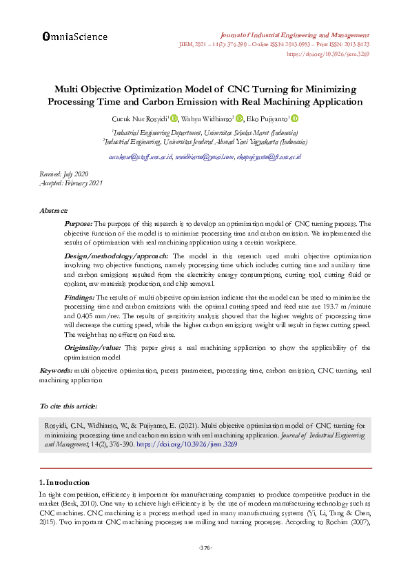 (PDF) Multi objective optimization model of CNC turning for minimizing processing time and ...