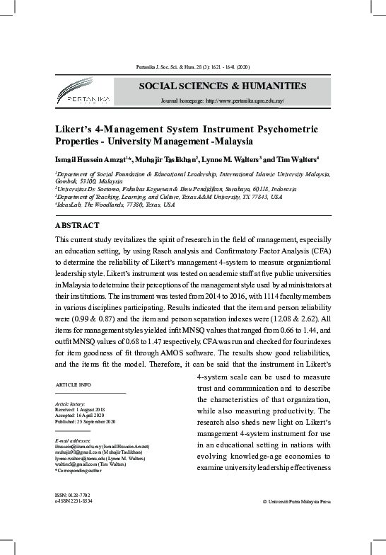 (PDF) Likert’s 4-Management System Instrument Psychometric Properties ...