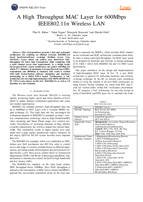 (PDF) A High Throughput MAC Layer for 600 Mbps IEEE 802 . 11 n Wireless LAN