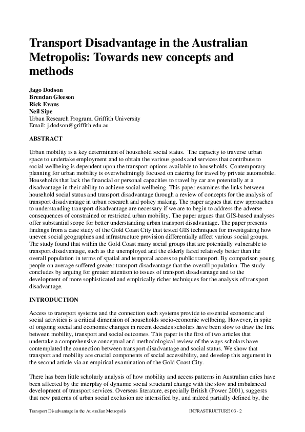 (PDF) Transport Disadvantage in the Australian Metropolis: Towards new ...