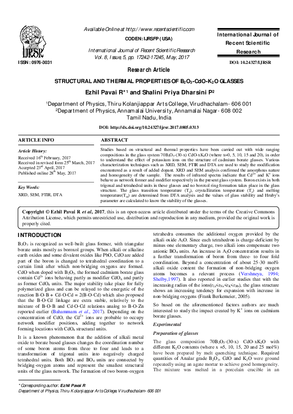 (PDF) Structural and thermal properties of b2o3-cdo-k2o glasses