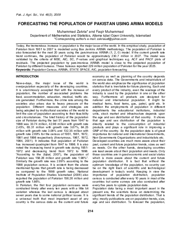 (PDF) Forecasting the population of Pakistan using ARIMA models