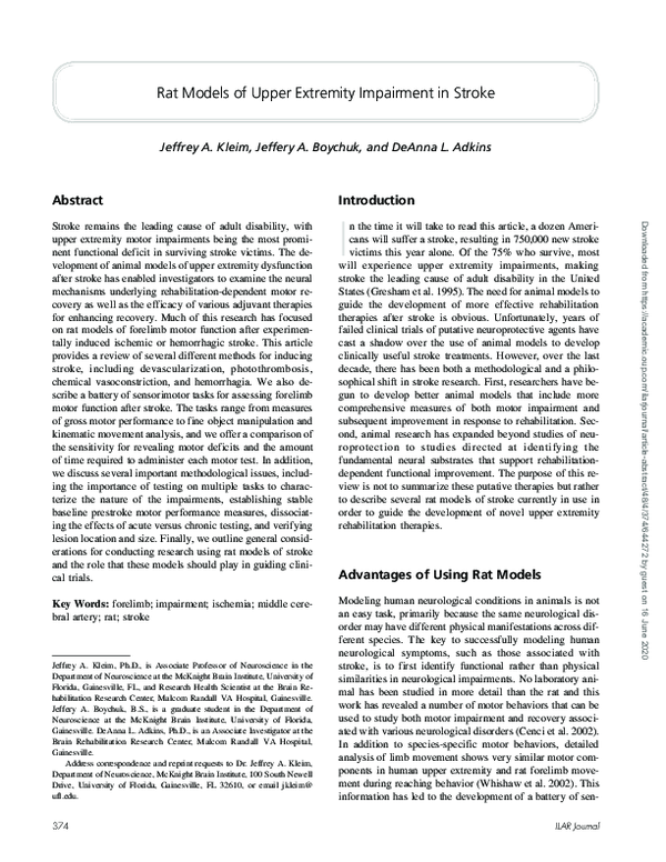 (PDF) Rat Models of Upper Extremity Impairment in Stroke