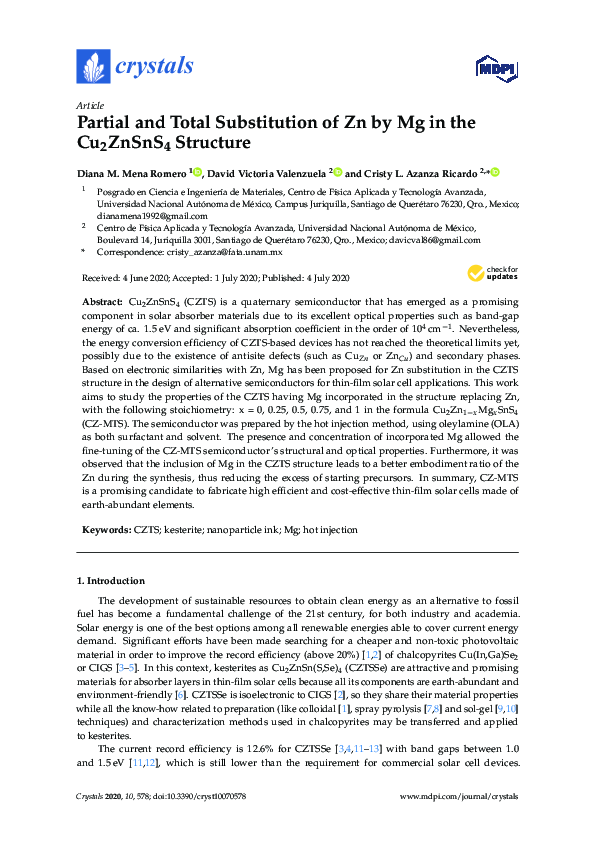 (PDF) Partial and Total Substitution of Zn by Mg in the Cu2ZnSnS4 Structure