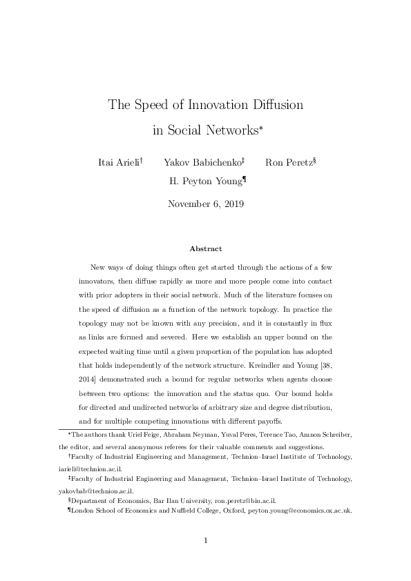 (PDF) The Speed of Innovation Diffusion in Social Networks