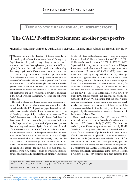 (PDF) Thrombolytic Therapy for Acute Ischemic Stroke: The CAEP Position Statement: another ...