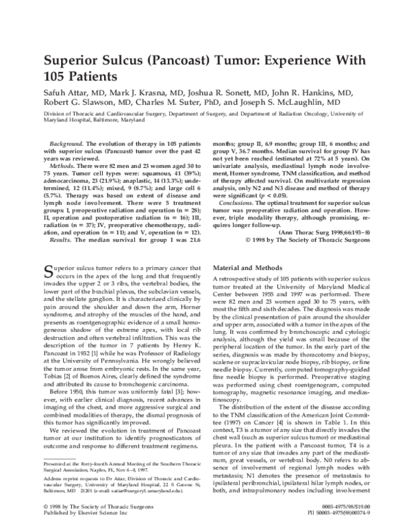 (PDF) Superior sulcus (Pancoast) tumor: experience with 105 patients