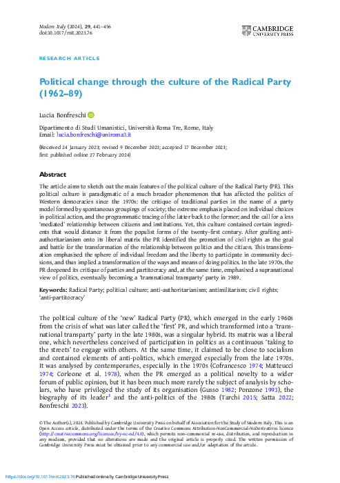 (PDF) Political change through the culture of the Radical Party (1962-89)