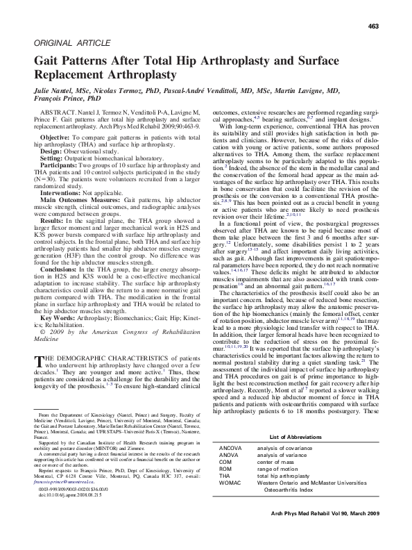 (PDF) Gait Patterns After Total Hip Arthroplasty and Surface ...