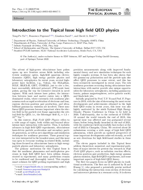 (PDF) Introduction to the Topical Issue high field QED physics
