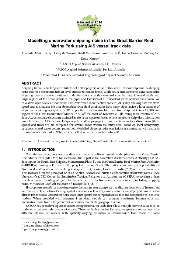 (PDF) Modelling underwater shipping noise in the Great Barrier Reef ...