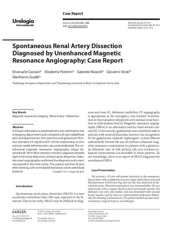 (PDF) Spontaneous Renal Artery Dissection Diagnosed by Unenhanced ...