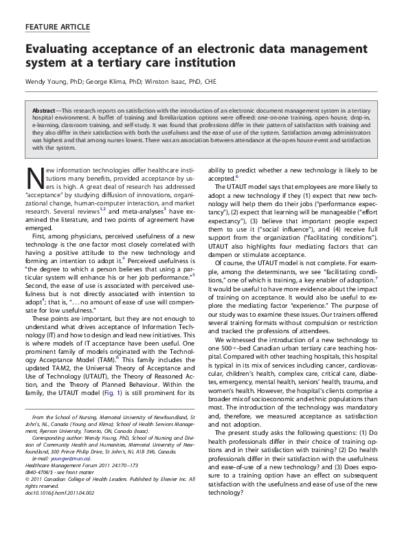 (PDF) Evaluating acceptance of an electronic data management system at a tertiary care institution