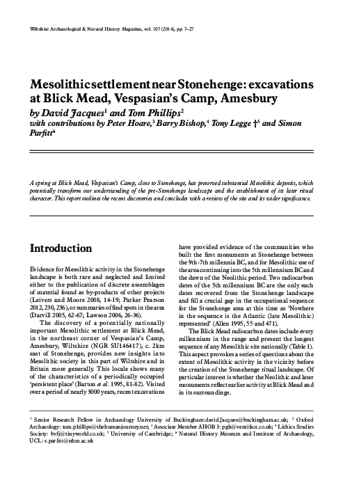 (PDF) Mesolithic settlement near Stonehenge : excavations at Blick Mead ...